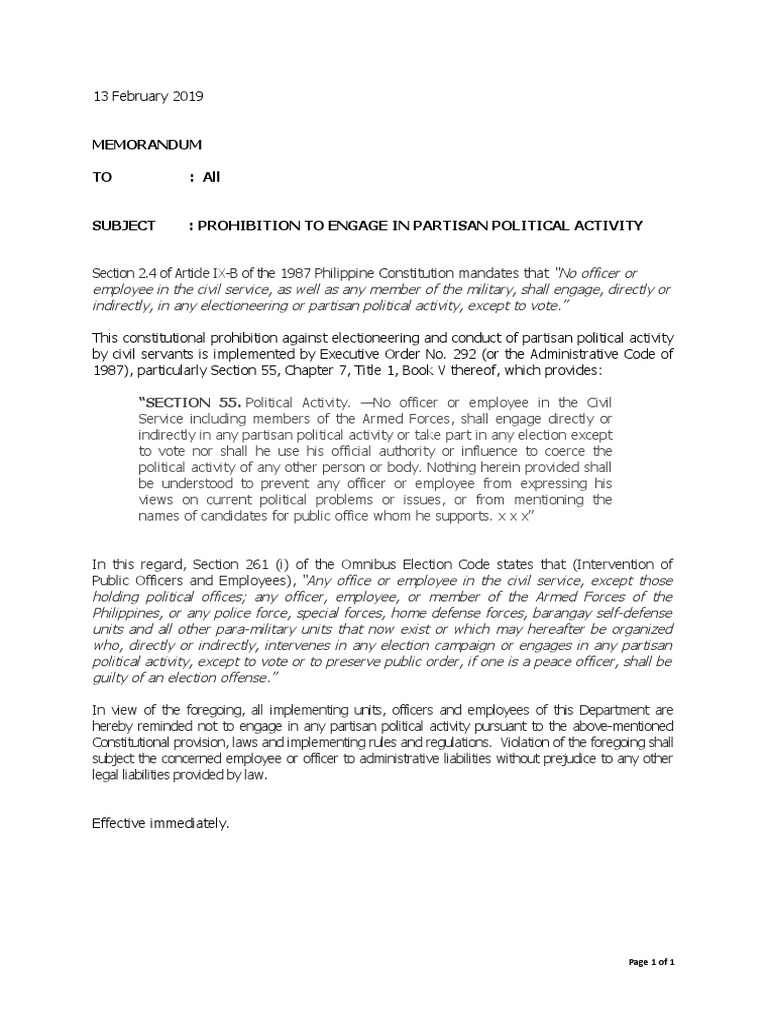 Prohibition of Partisan Political Activity | PDF | Elections | Civil ...