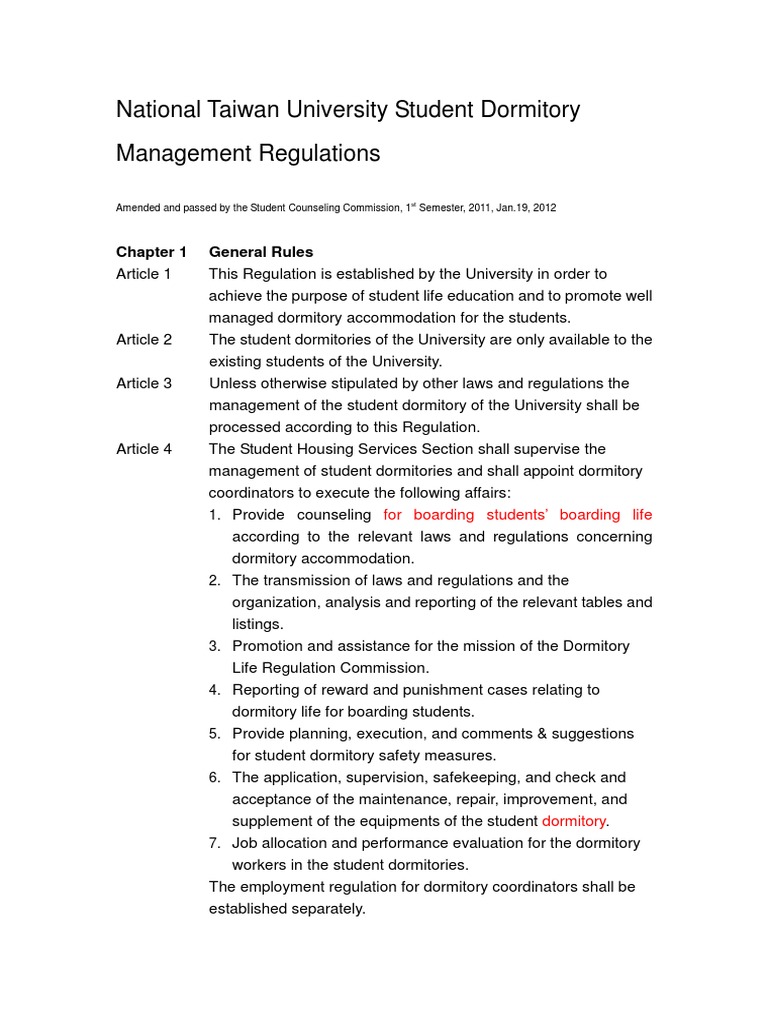 National Taiwan University Student Dormitory Management Regulations | PDF | Dormitory | Fee