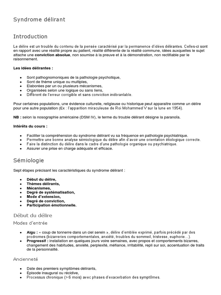 Syndrome Délirant : Analyse et Traitement | PDF | Délire | Paranoïa