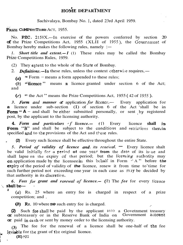 Bombay Prize Competitions Rules 1959 | PDF | License | Business