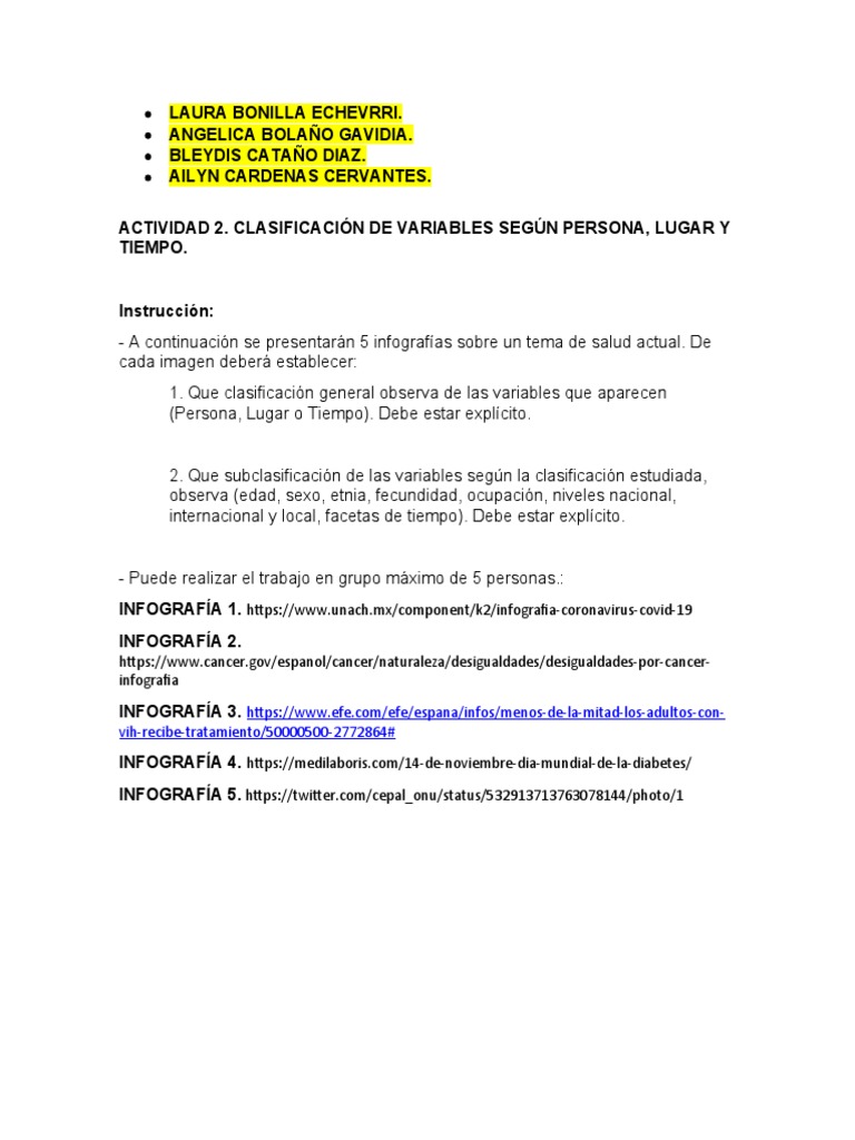 Actividad 2. Clasificación de Variables Según Persona, Lugar Y Tiempo ...