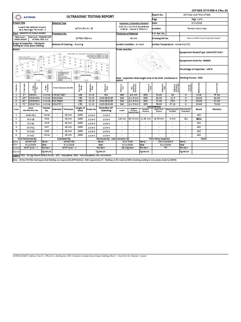 Ultrasonic Testing Report: AST-NDE-UT-R-500-4-2 Rev.01 | PDF | Welding ...