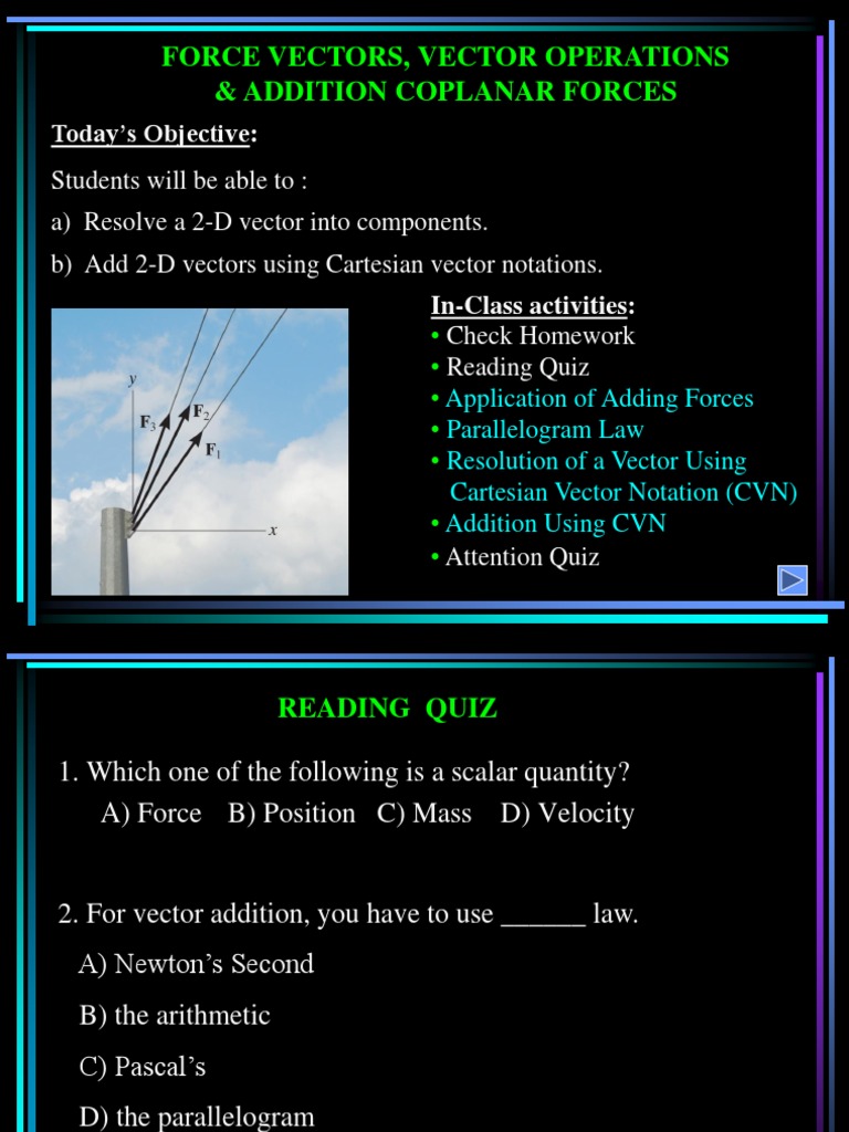 Force Vectors, Vector Operations & Addition Coplanar Forces: Today's Objective | PDF | Euclidean ...