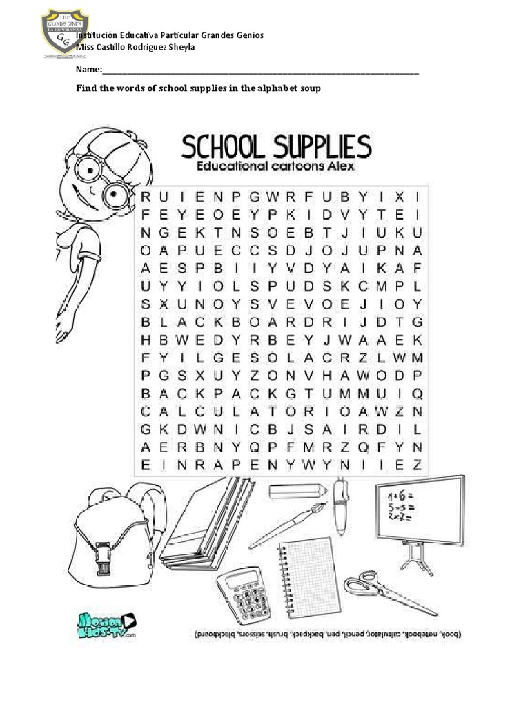 Find The Words of School Supplies in The Alphabet Soup | PDF