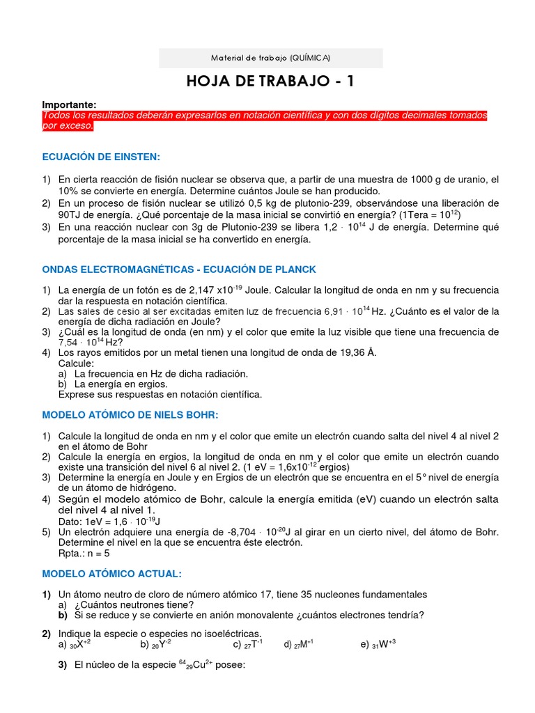 Hoja De Trabajo Sobre Materia Y átomos