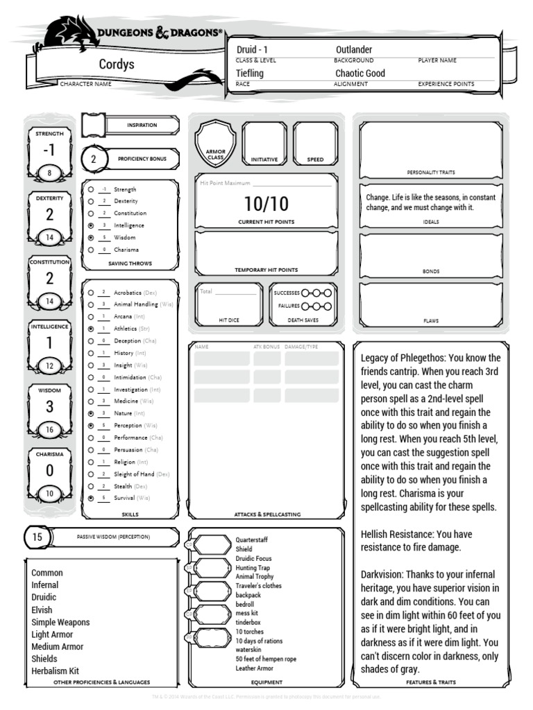 Cordys: Druid - 1 Outlander Tiefling Chaotic Good | PDF | Tsr (Company ...