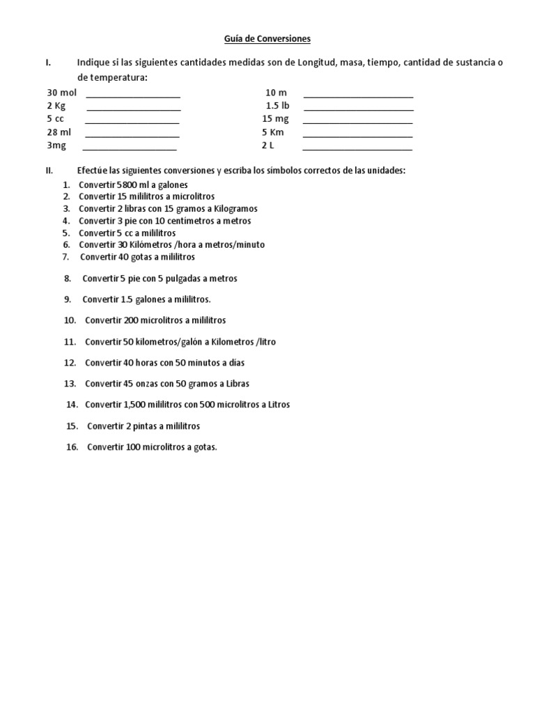 Hoja De Trabajo De Química Sobre Conversiones Métricas