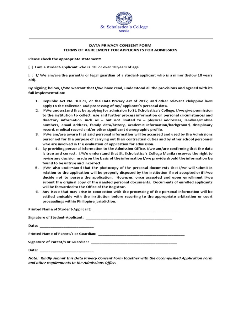 Data Privacy Consent Form Terms of Agreement For Applicants For ...