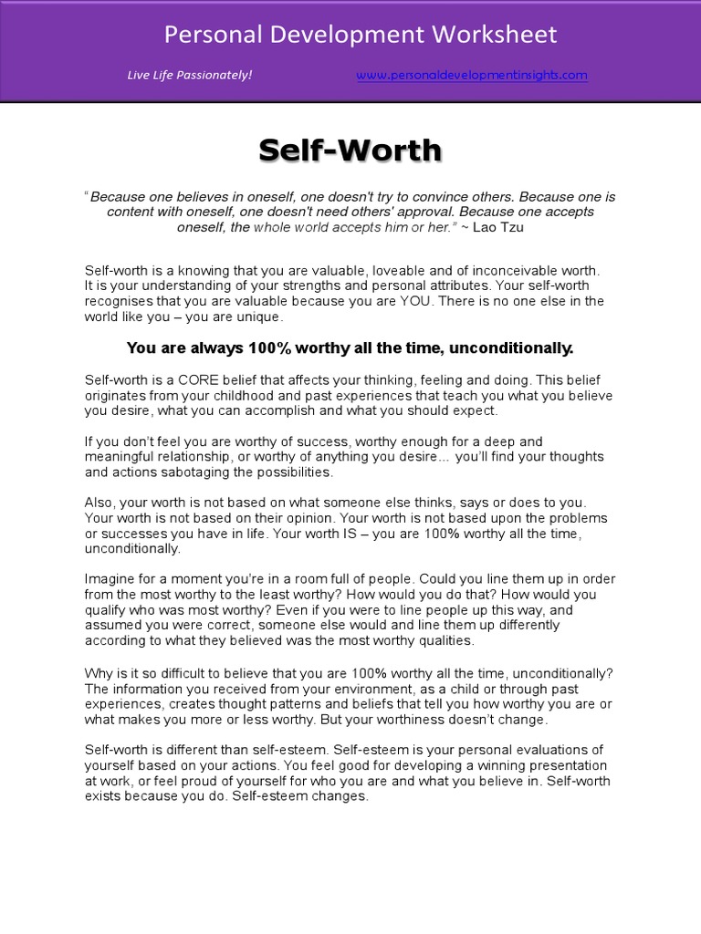 Personal Development Worksheet Self Worth PDF | PDF | Self Esteem ...