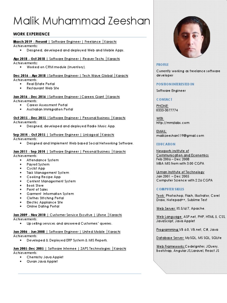 Resume Zeeshan 01-07-2019 SE | PDF | World Wide Web | Internet & Web