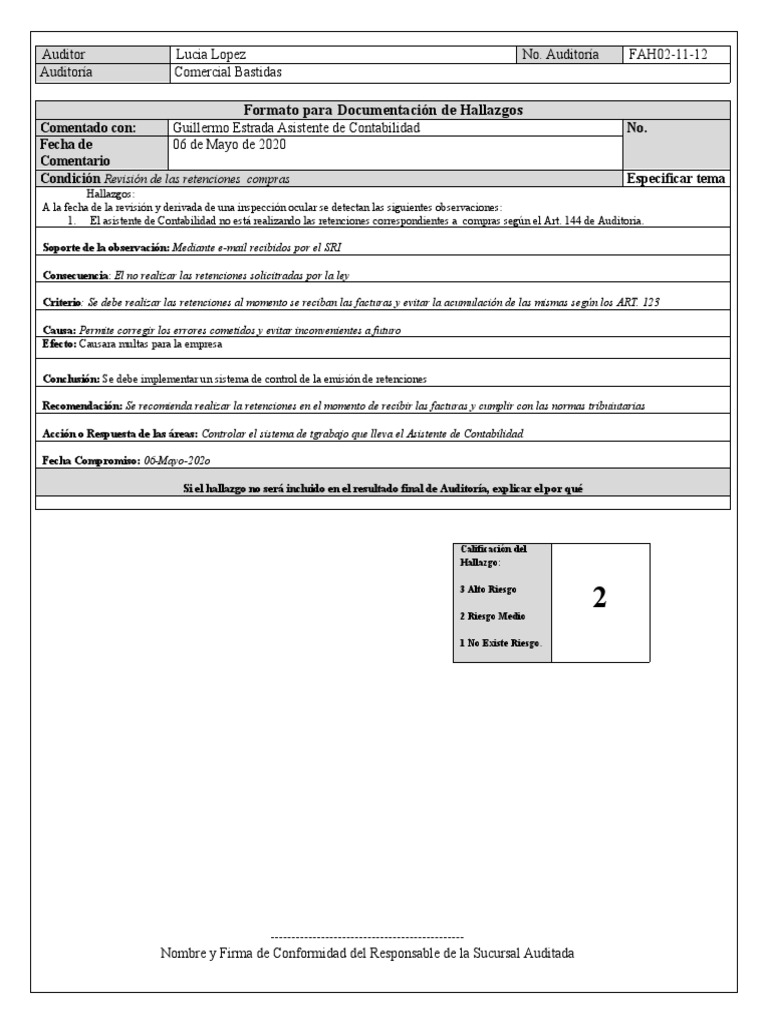 Ejemplo de Hallazgo - Auditoria Interna | PDF | Auditoría | Business