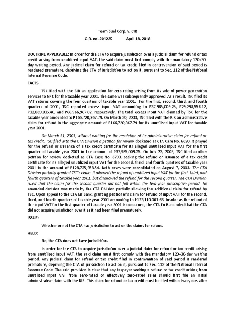 Team Sual Corp. v. CIR G.R. No. 201225 April 18, 2018 | PDF | Tax ...