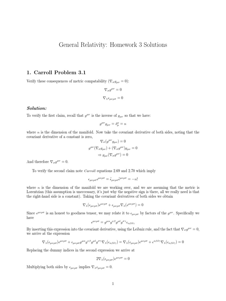 General Relativity: Homework 3 Solutions: 1. Carroll Problem 3.1 | PDF ...