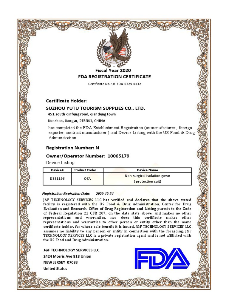 FDA Registration Certificate Example | PDF | Law