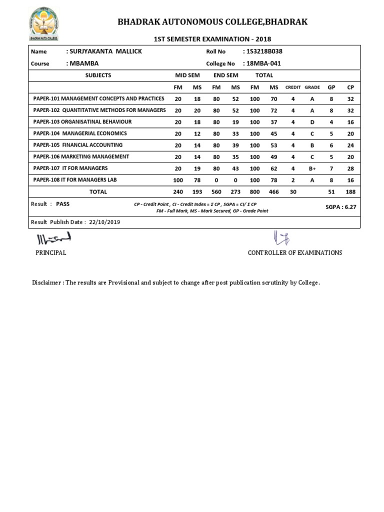 Bhadrak Autonomous College, Bhadrak: 1St Semester Examination - 2018 | PDF