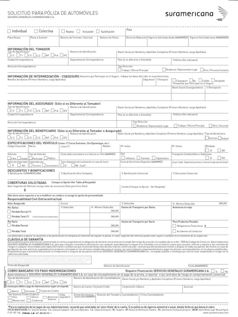 Solicitud de Póliza de Autos Sura | PDF | Póliza de seguros | Seguro