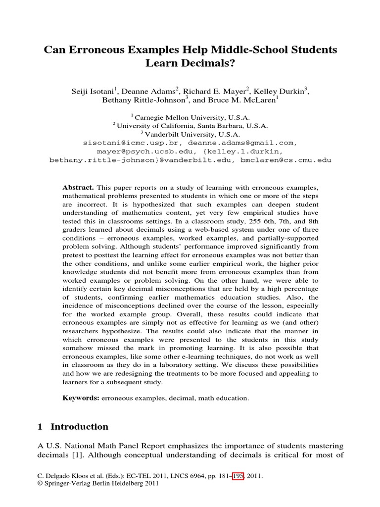 Can Erroneous Examples Help Middle-School Students Learn Decimals? | PDF | Metacognition ...