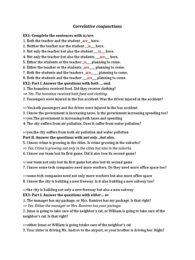 Correlative Conjunctions: EX1: Complete The Sentences With Is/are | PDF