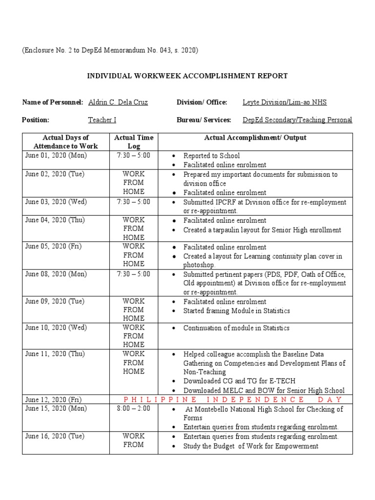 Individual Workweek Accomplishment Report | Download Free PDF ...