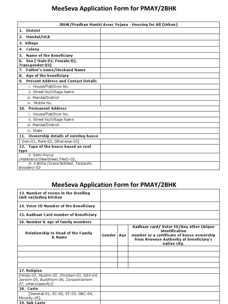 Meeseva Application Form For Pmay/2Bhk: (Asbestors/Steelsheet, Tiled ...