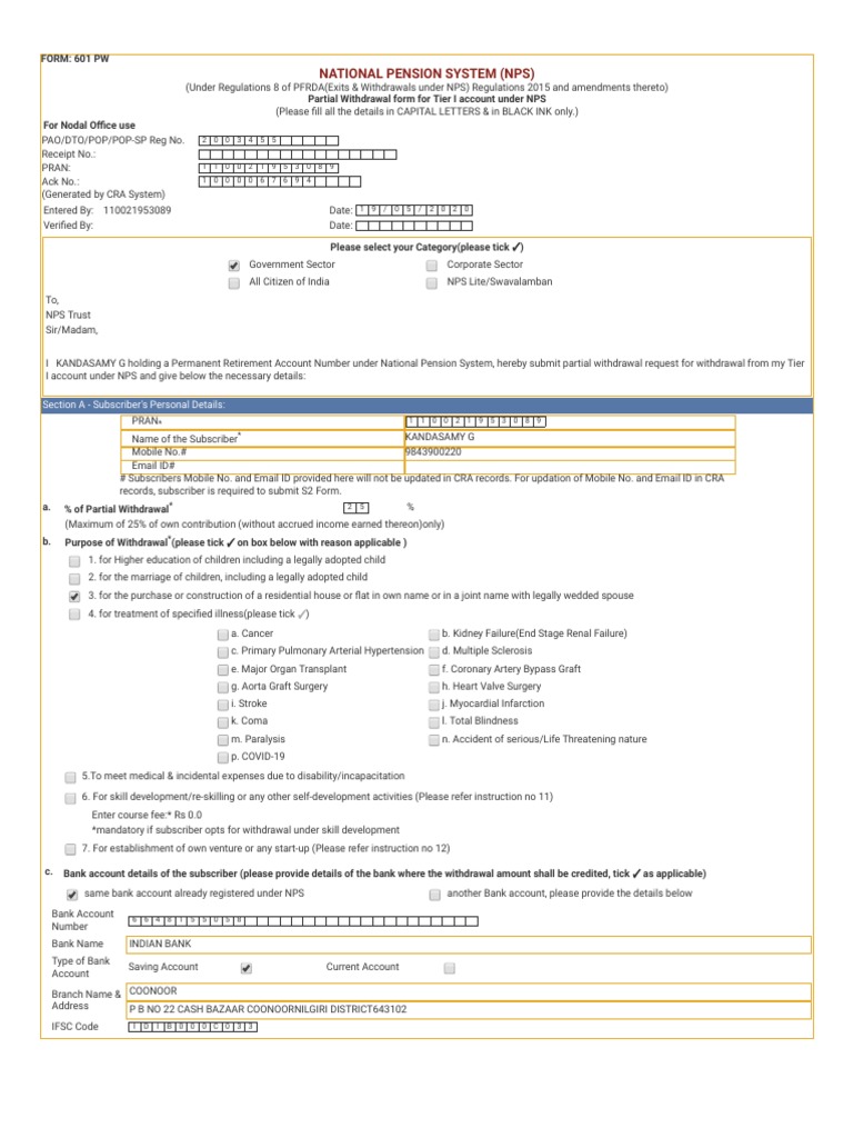 PARTIAL WITHDRAWAL REQUEST FORM FOR NPS TIER I ACCOUNT | PDF | Medical ...