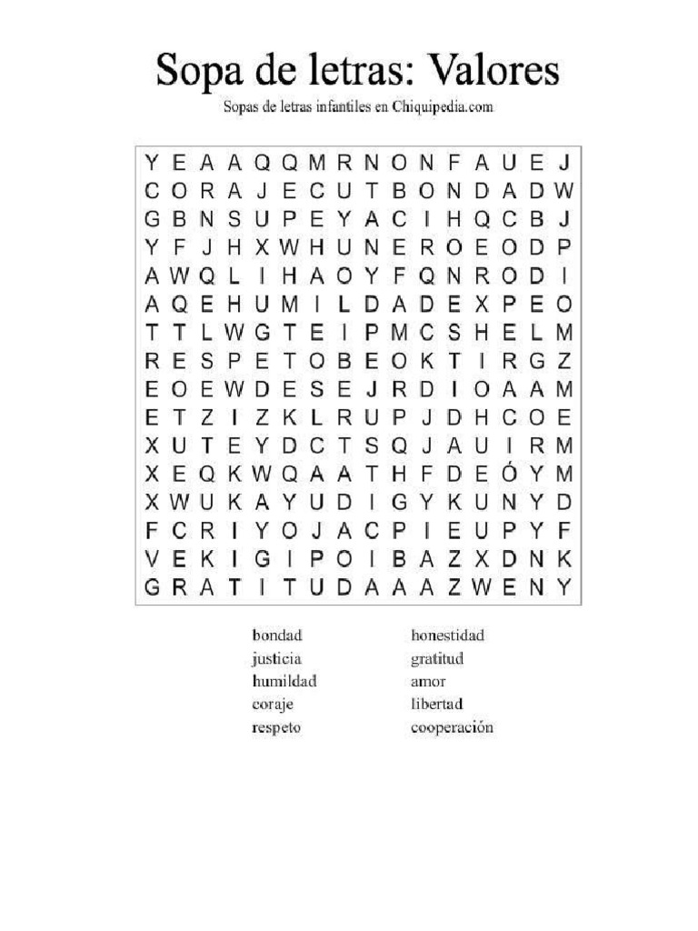 Sopa de Letras Valores | PDF