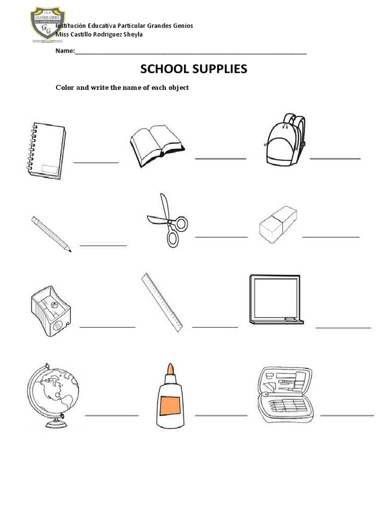 School Supplies: Color and Write The Name of Each Object | PDF