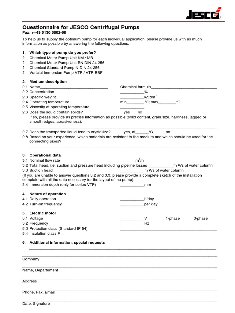 Questionnaire For JESCO Centrifugal Pumps | PDF | Pump | Liquids