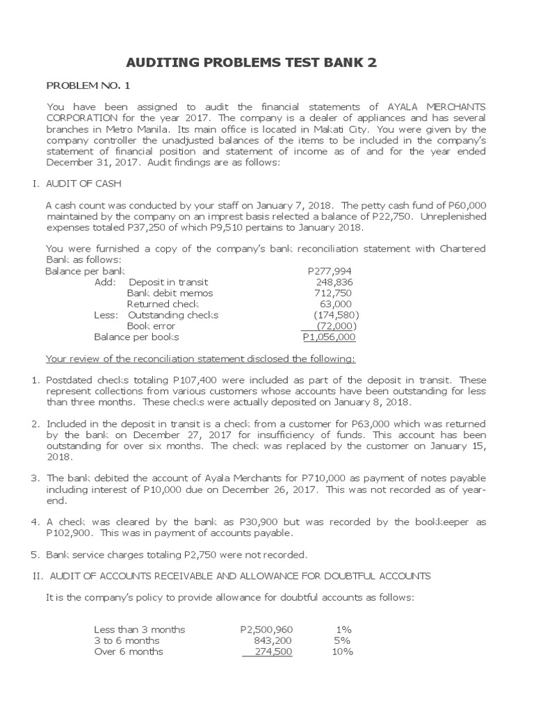 AUDITING PROBLEMS TEST BANK 2 With Answers | PDF | Inventory | Debits ...