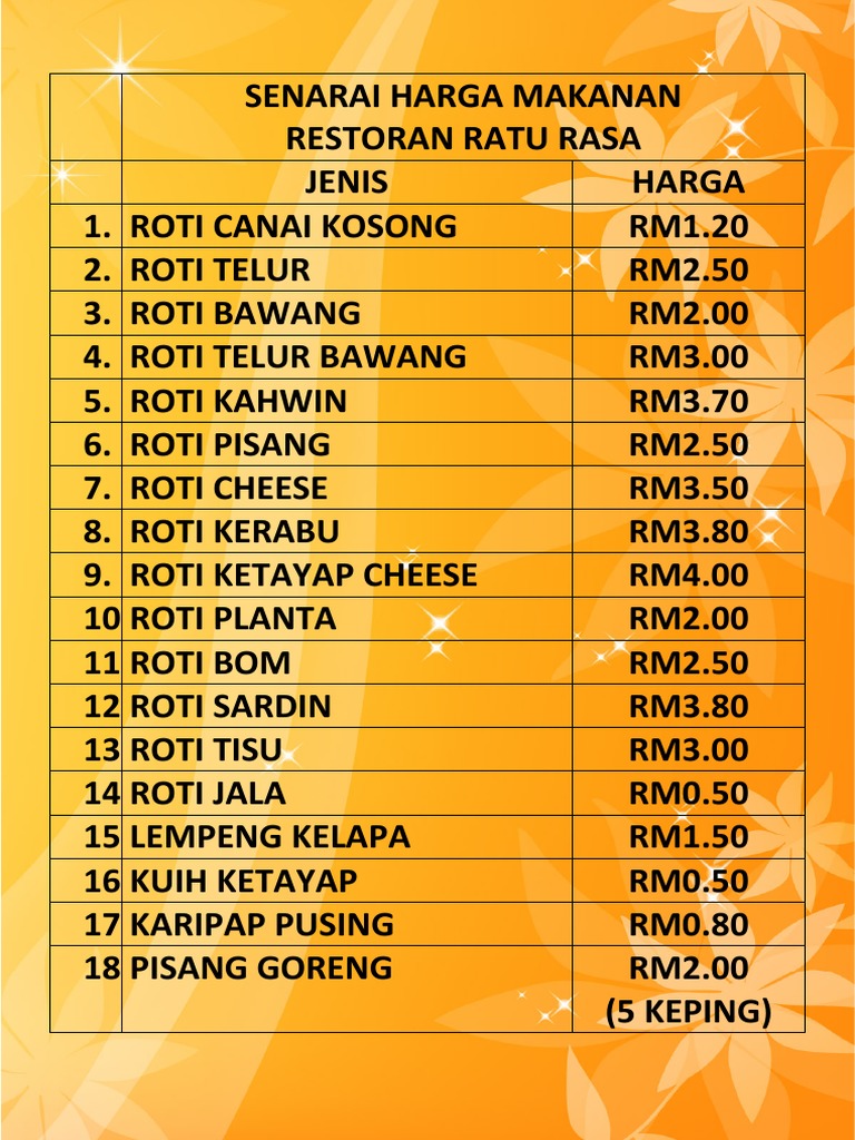 Senarai Harga Roti Canai Kuih Ratu Rasa | PDF