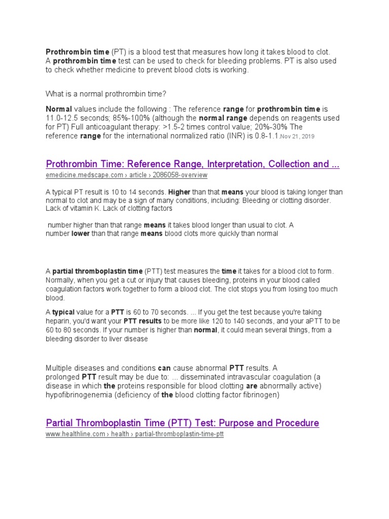 Prothrombin Time: Reference Range, Interpretation, Collection and ...
