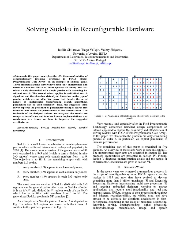 Solving Sudoku in Reconfigurable Hardware: Iouliia Skliarova, Tiago Vallejo, Valery Sklyarov ...