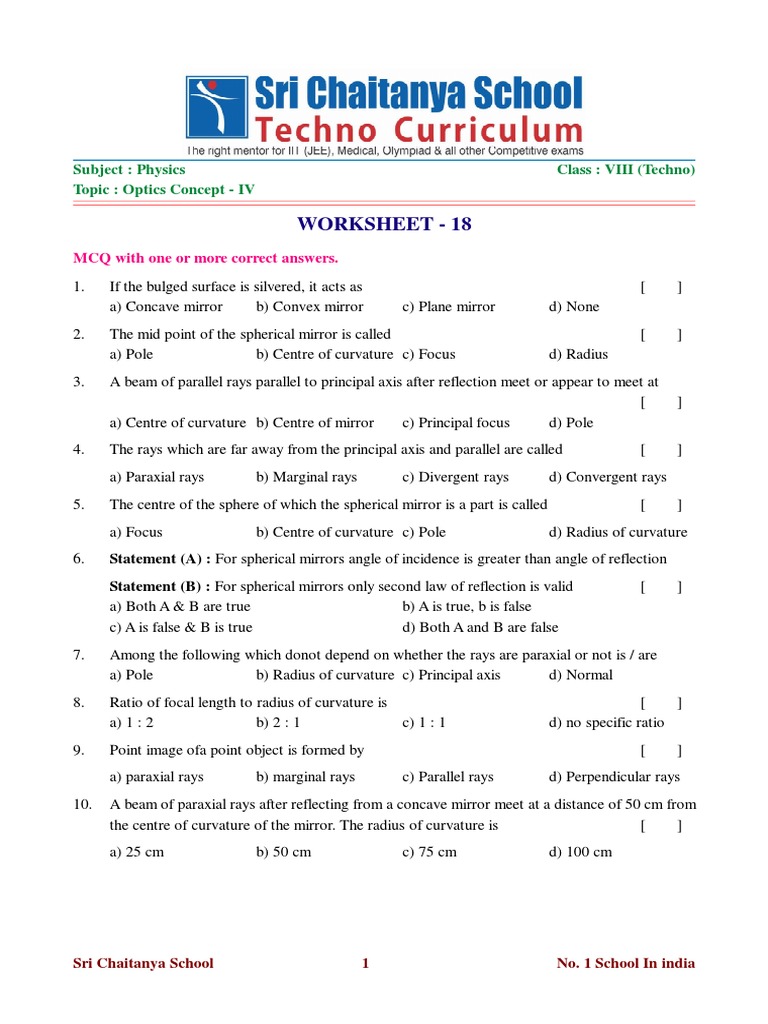 Worksheet - 18: Subject: Physics Class: VIII (Techno) Topic: Optics ...