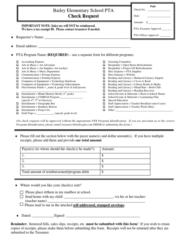Bailey Elementary School PTA: Check Request | PDF | Cheque | Receipt