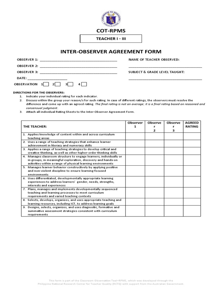 Inter-Observer Agreement Form 2024 | PDF | Curriculum ...
