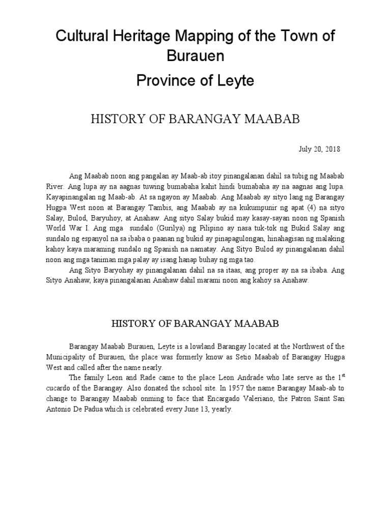 Cultural Heritage Mapping of The Town of Burauen Province of Leyte | PDF