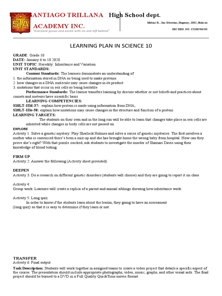 Santiago Trillana Academy Inc.: Learning Plan in Science 10 | PDF ...