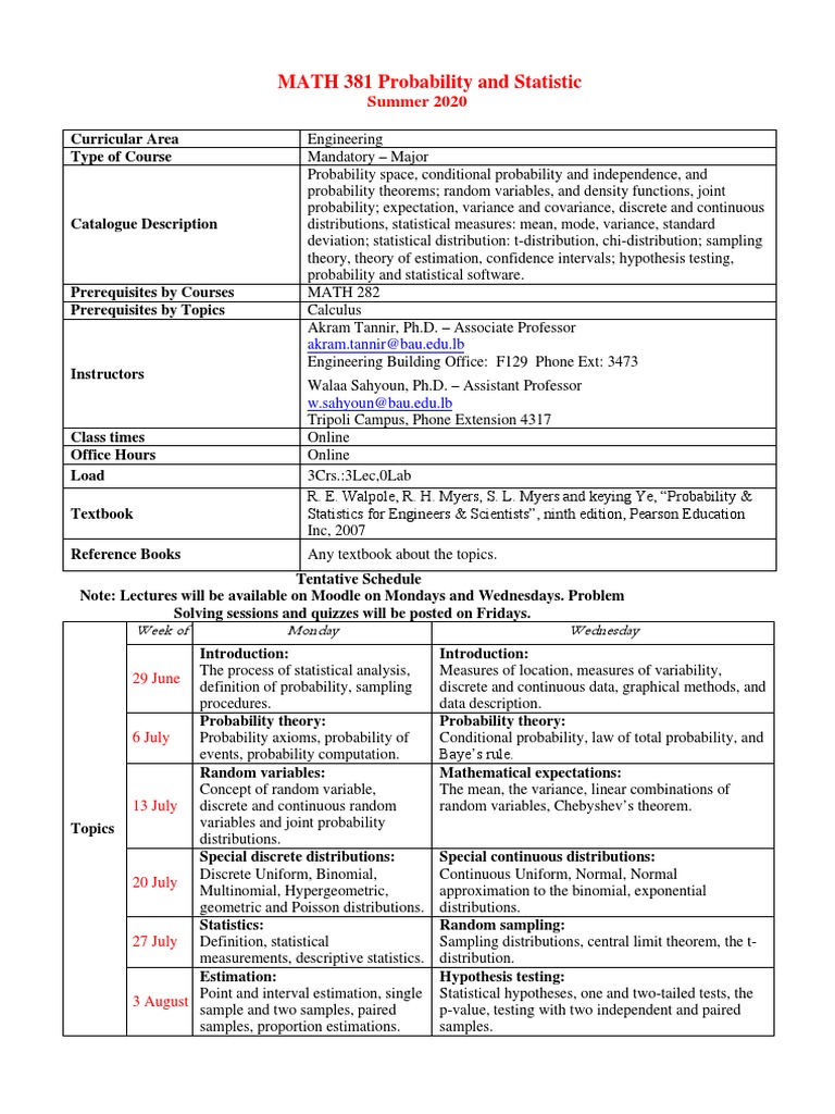 MATH 381: Probability & Statistics Course | PDF | Probability ...