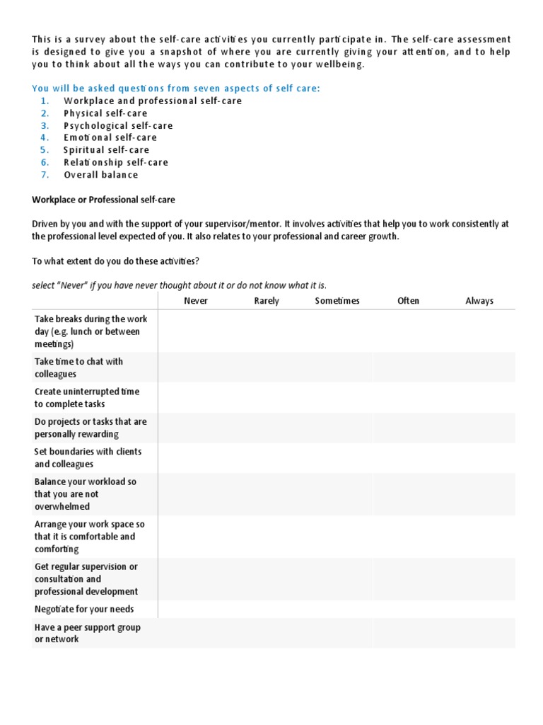 Self Care Assessment Form | PDF | Metaphysics Of Mind | Behavior ...
