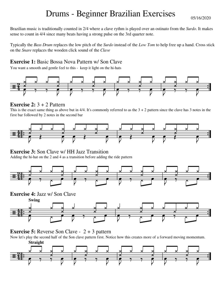 Drums - Beginner Brazilian Exercises | PDF | Drum Kit | Performing Arts