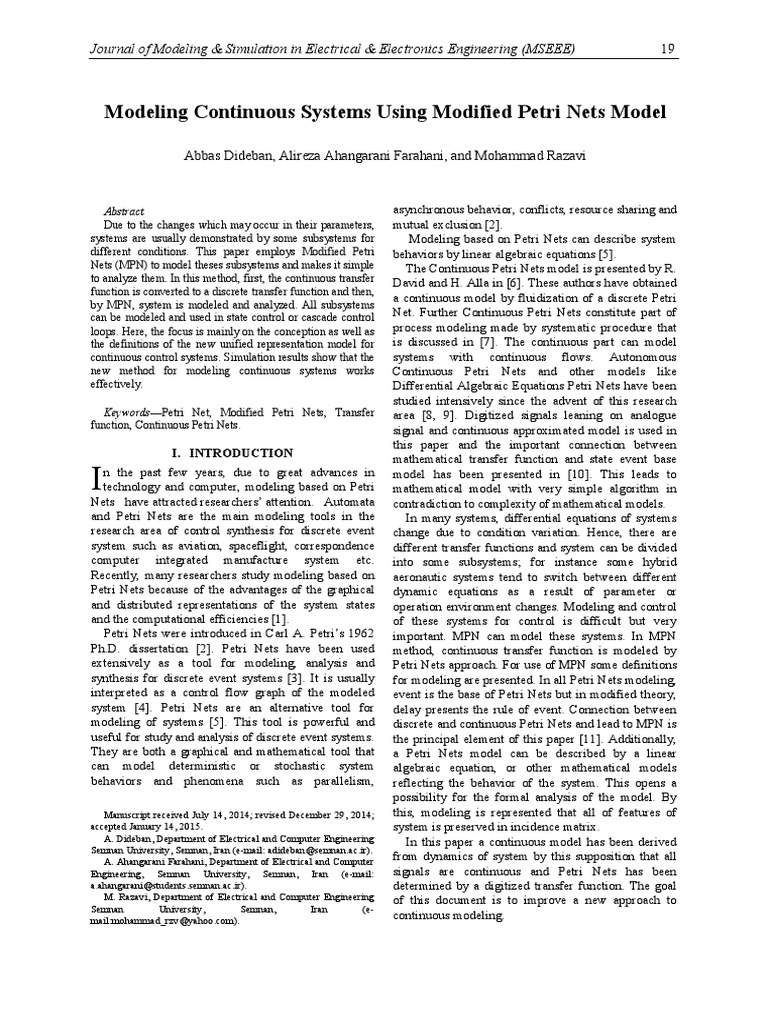 Modeling Continuous Systems Using Modified Petri Nets Model | PDF | System | Discrete Mathematics