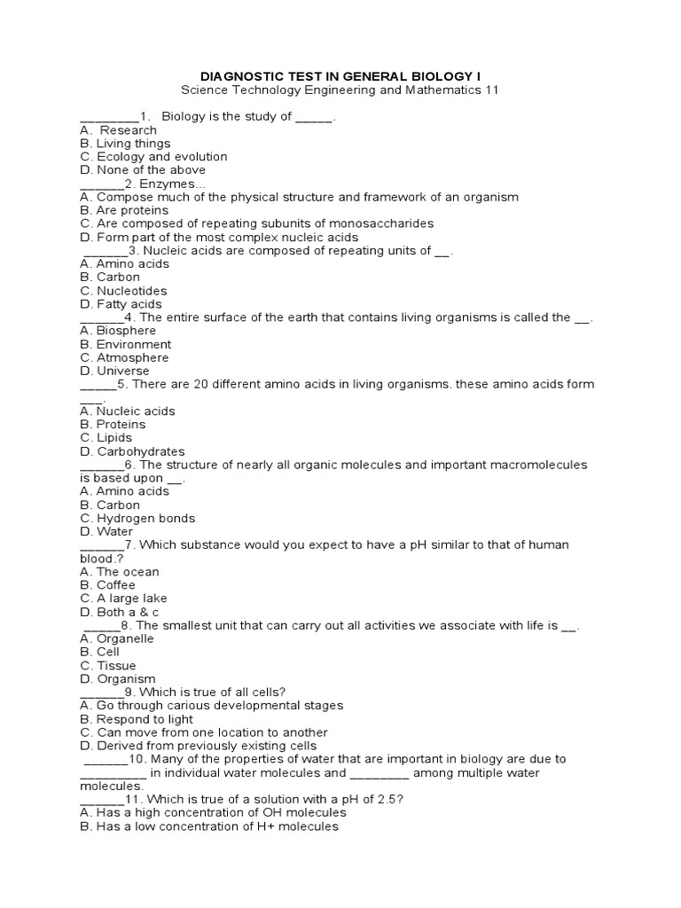Diagnostic Test in General Biology I | PDF | Cell Membrane | Lipid Bilayer