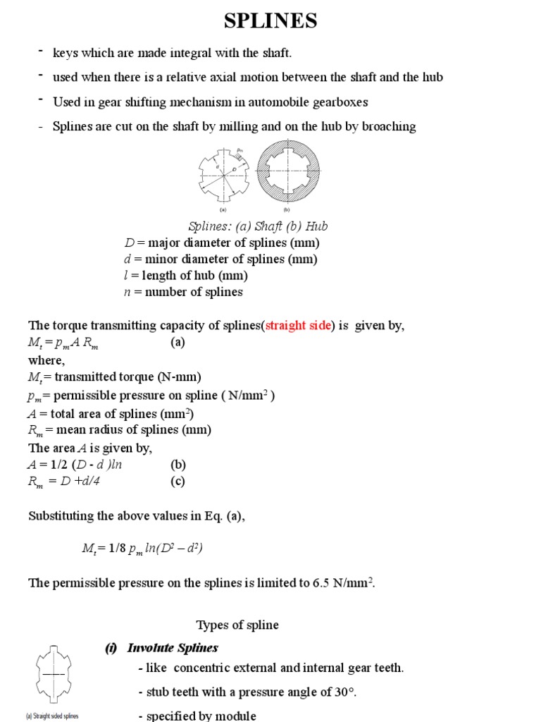 Splines: (A) Shaft (B) Hub D Major Diameter of Splines (MM) D Minor ...