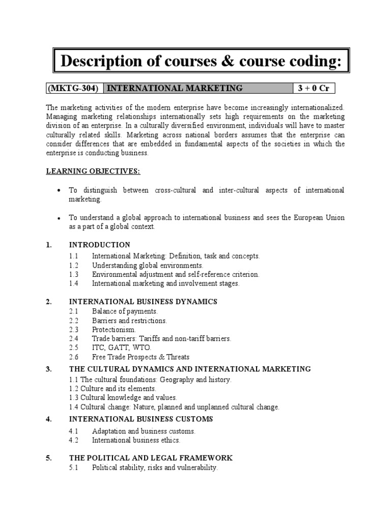 Description of Courses | PDF | Non Tariff Barriers To Trade | Marketing