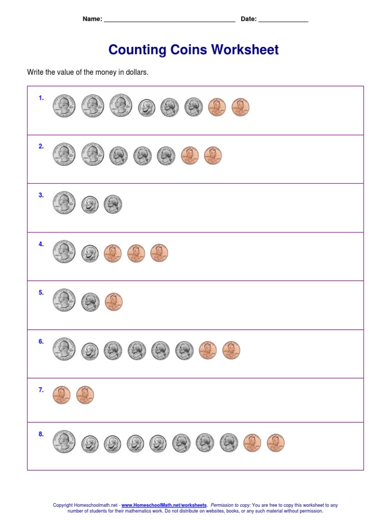Counting Coins Worksheet: Write The Value of The Money in Dollars | PDF