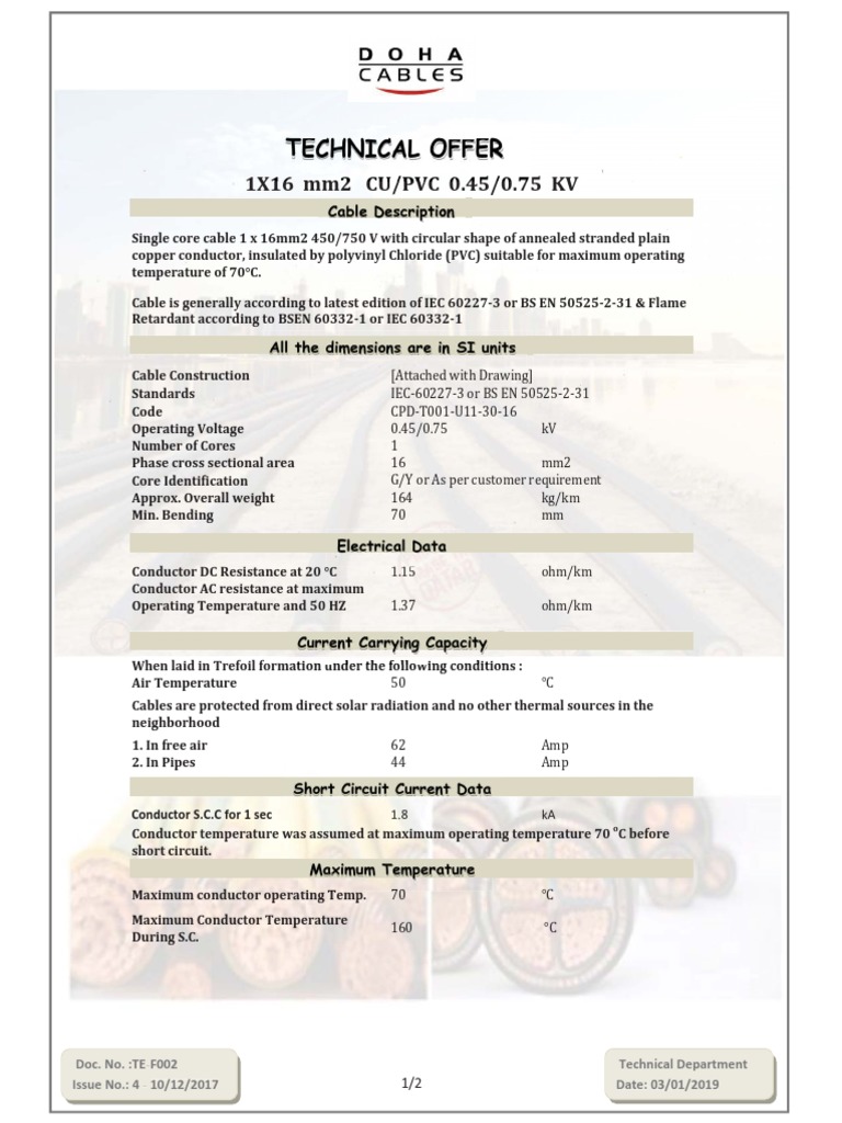 1X16mm2 CU/PVC Cable Tech Spec | PDF | Insulator (Electricity) | Electrical Conductor
