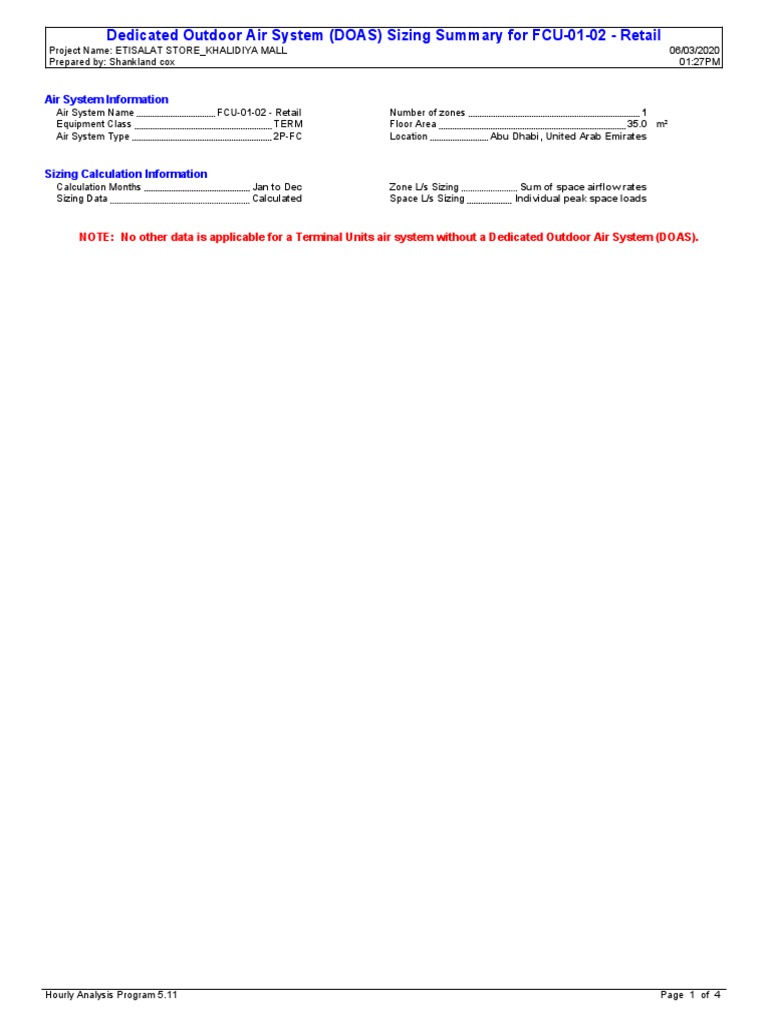 Dedicated Outdoor Air System (DOAS) Sizing Summary For FCU-01-02 ...