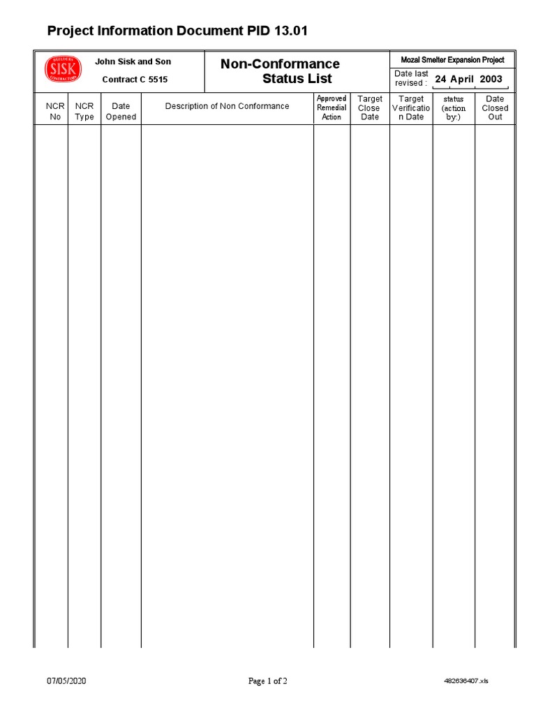 Project Information Document PID 13.01 Non-Conformance Status List | PDF