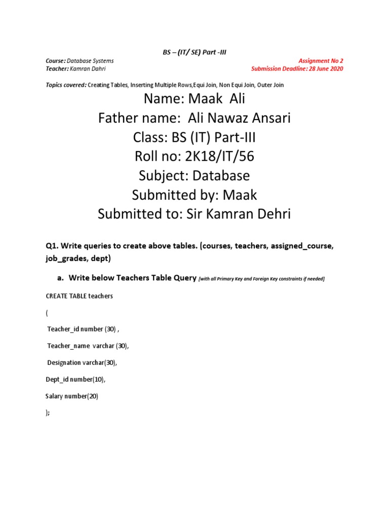 Database Assignment on Creating Tables, Inserting Data, and Performing Various Joins in SQL ...
