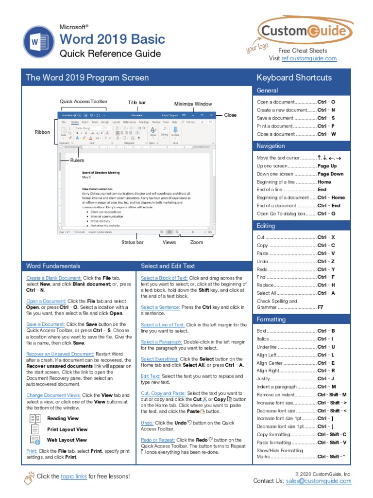 Word 2019 Basic: Quick Reference Guide | PDF | Paragraph | Control Key